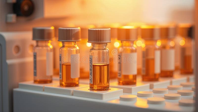 Laboratory Vials Filled with Amber Liquid Illuminated by Warm Light in ...