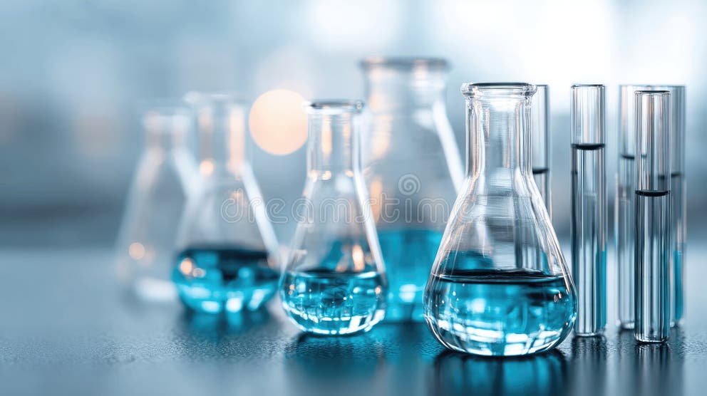 Laboratory Work with Glassware Containing Blue Liquid on a Table during ...