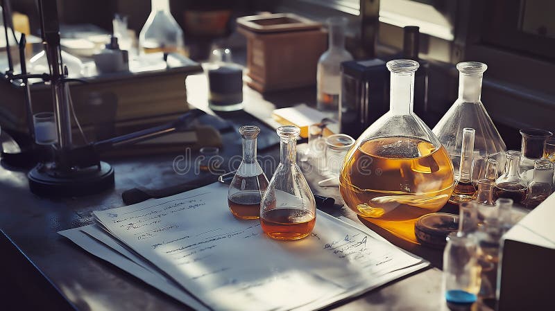 Laboratory Work Showing Various Glassware with Solutions and Scientific ...