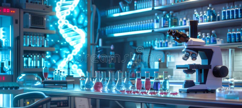 A Laboratory Workbench with Microscopes, Beakers, and Flasks, All ...