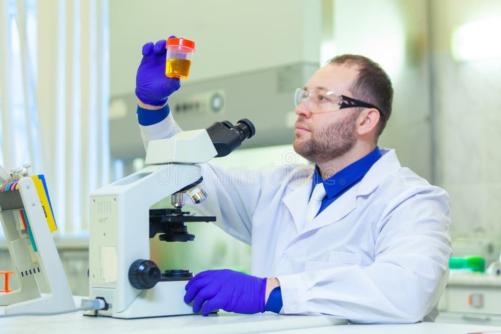 Laboratory Worker Performing Urinalysis Using Microscope and Laboratory ...