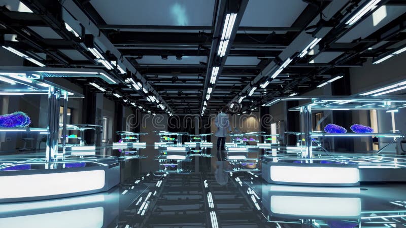 Laboratory Worker Walking in a Futuristic Laboratory and Observing ...