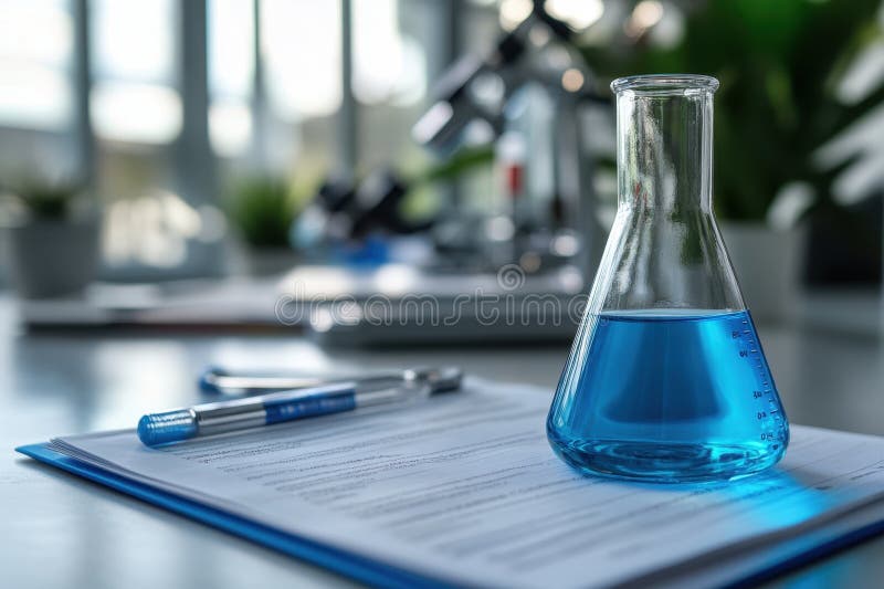 Laboratory Workspace with Blue Liquid in a Flask and Scientific ...