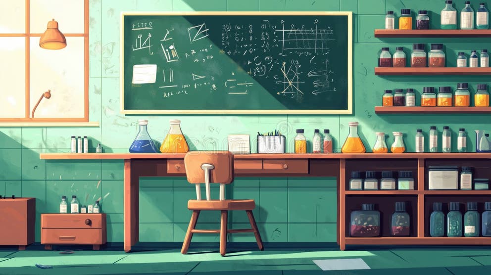 Laboratory Workspace with Chalkboard, Bottles, and Desk Stock Photo ...