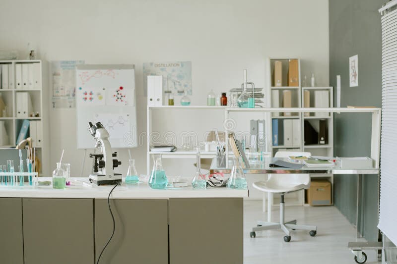 Laboratory Workspace with Equipment and Chemicals Stock Photo - Image ...