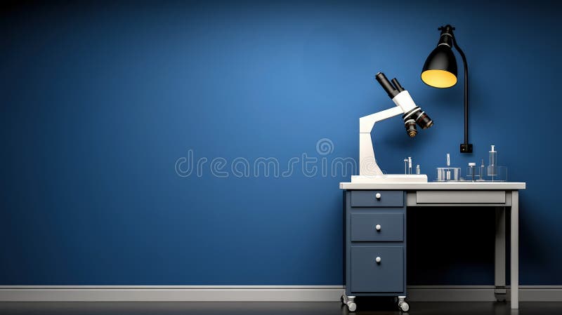 A Laboratory Workspace Featuring a Microscope and Equipment Against a ...