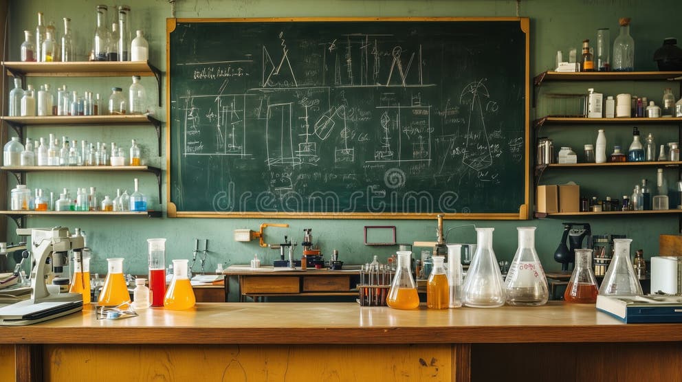 Laboratory Workspace with Glassware and Chalkboard Diagrams Stock Photo ...