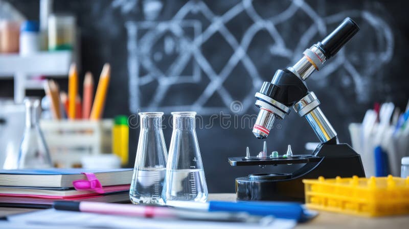 Laboratory Workspace with Microscope, Flasks, and Notebooks during a ...