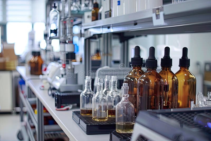 Laboratory Workspace with Various Glass Bottles and Equipment for ...