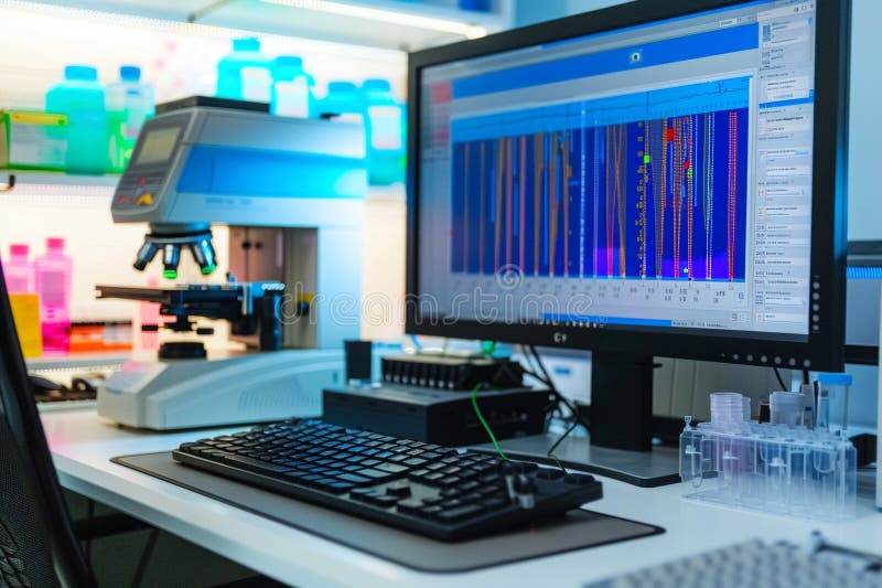 Laboratory Workstation with Microscope and Computer Stock Image - Image ...