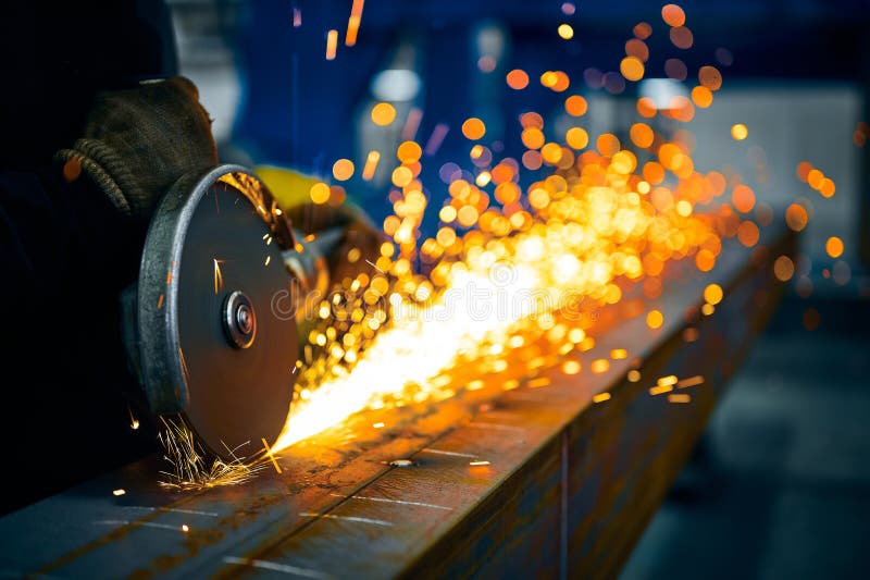 Laborer Cuts Metal Beam with Abrasive Disk in Workshop Stock Image ...