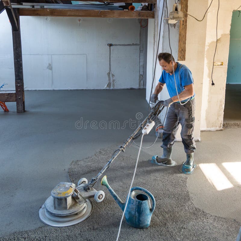 Laborer Polishing Sand and Cement Screed Floor. Stock Photo - Image of ...