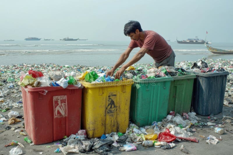 Laborer Sorting Waste at a Beach in an Effort To Clean the Environment ...