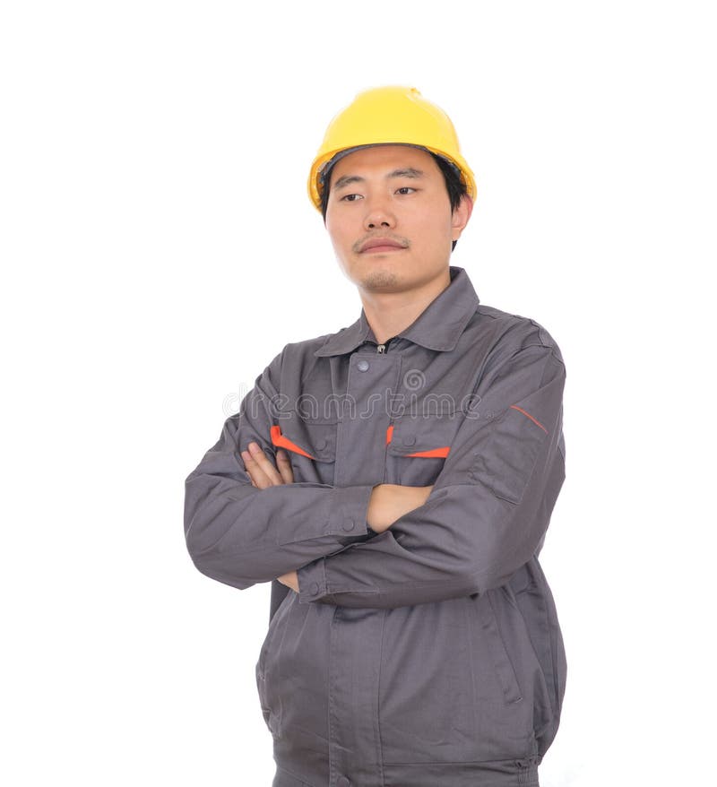 Laborer in Yellow Hard Hat Holding His Arms Standing in Front of White ...