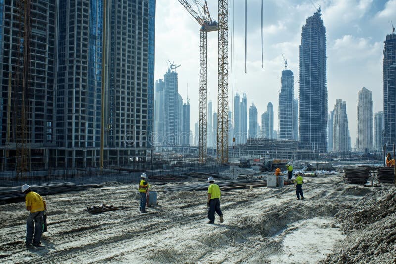 Laborers Engaged in Construction Activities at a Modern Site in Dubai ...