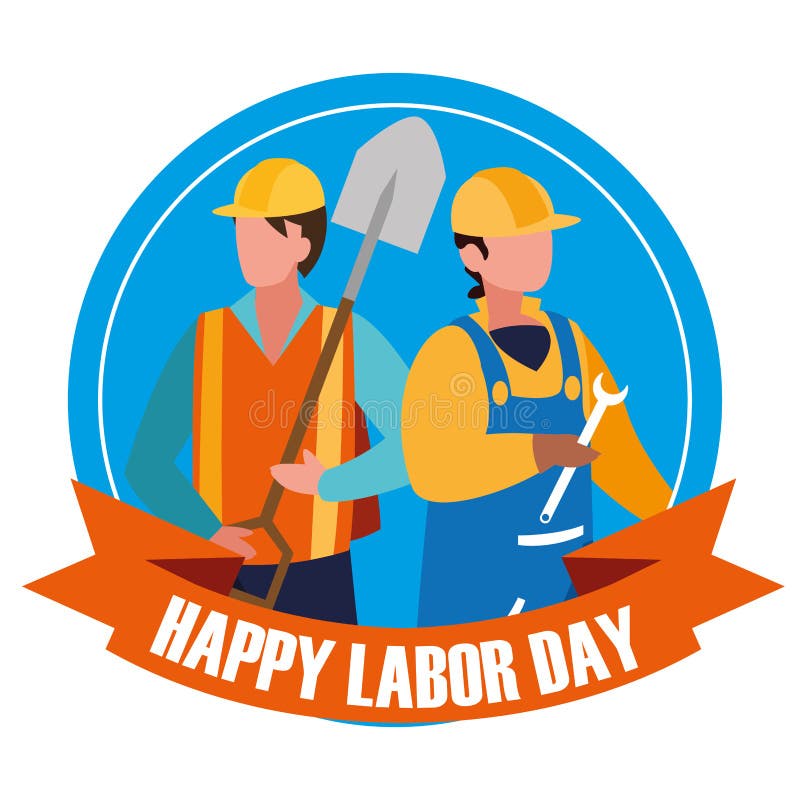 Labour Day Celebration Seal with Construction Workers Stock ...