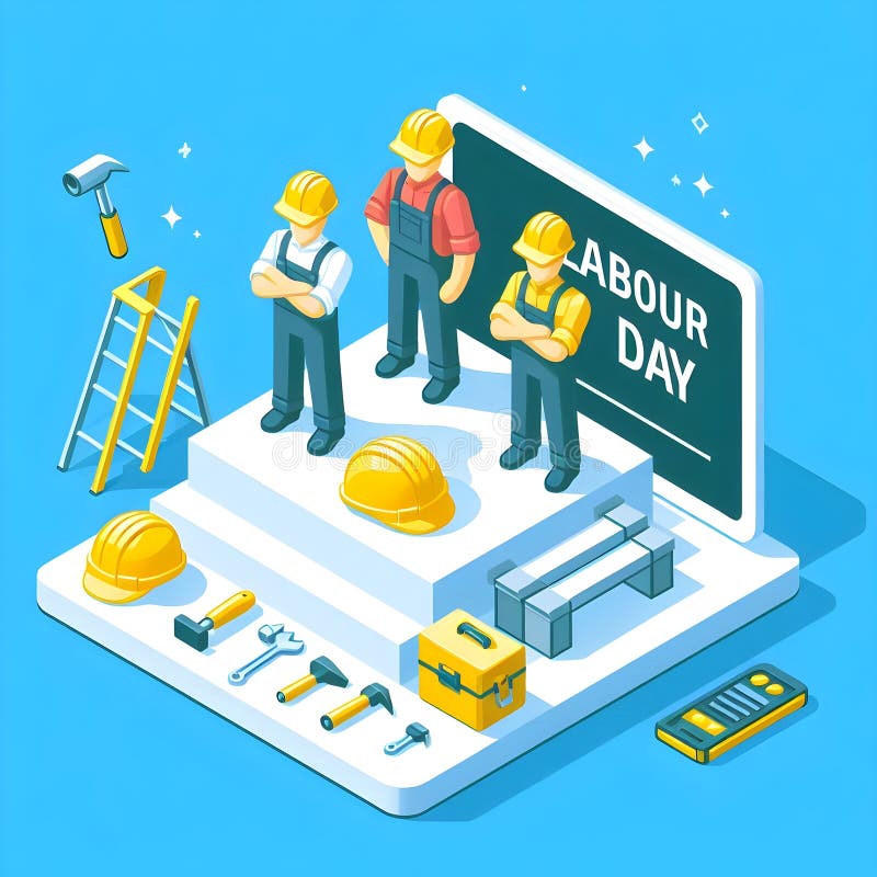 Labour Day Isometric Vector Featuring Construction Tools on a Podium in ...