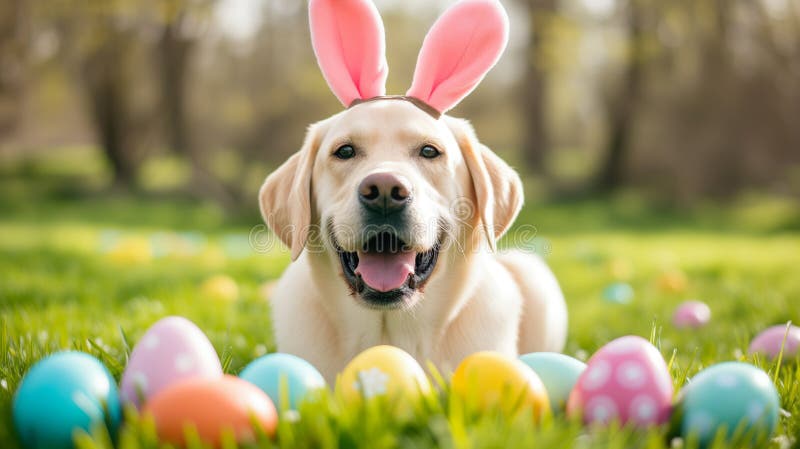 Labrador Dog with Bunny Ears and Colorful Easter Eggs on Grass Stock ...