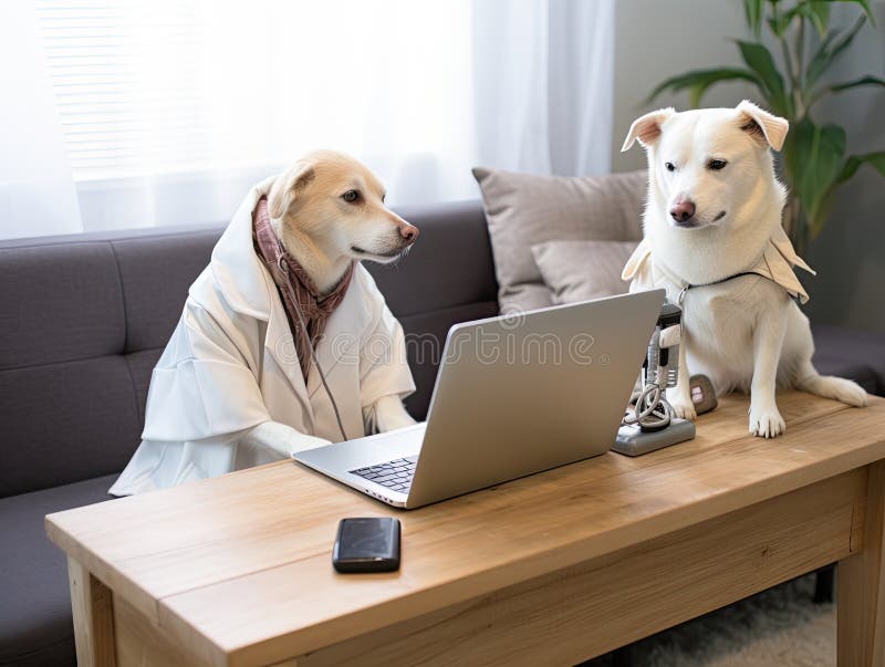 A Labrador Dog Dressed As a Doctor Using Laptop and Examining Another ...