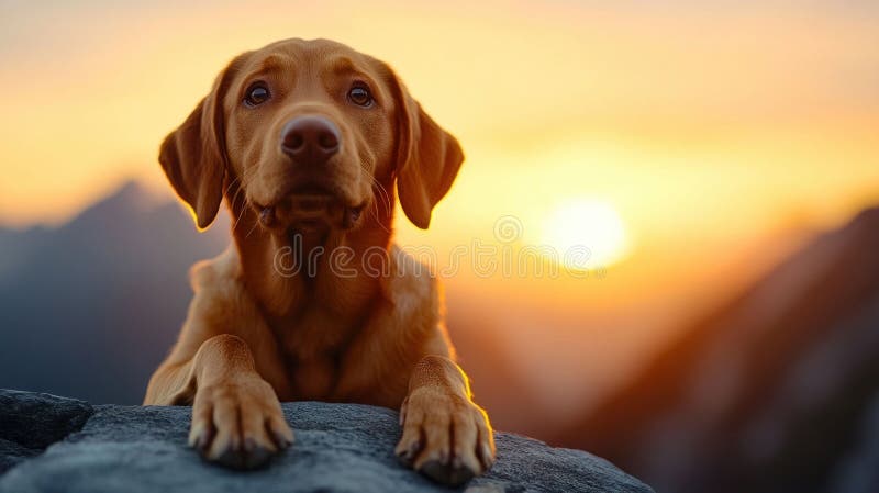 Labrador Dog in Mountains at Sunset Stock Illustration - Illustration ...