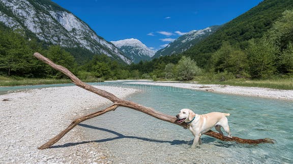 Labrador Playing with Log, Mountain River, Summer Stock Image - Image ...