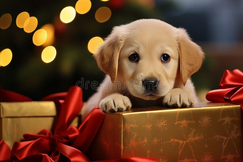 Labrador Puppy in Festive Gift Box with Beautiful Holiday Backdrop ...