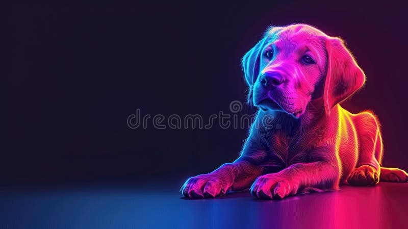 Labrador Puppy in a Neon Glow, Lying Down, with a Thoughtful Expression ...