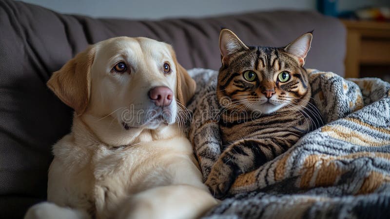 Labrador Retriever and Bengal Cat Sharing Peaceful Moment on the Couch ...