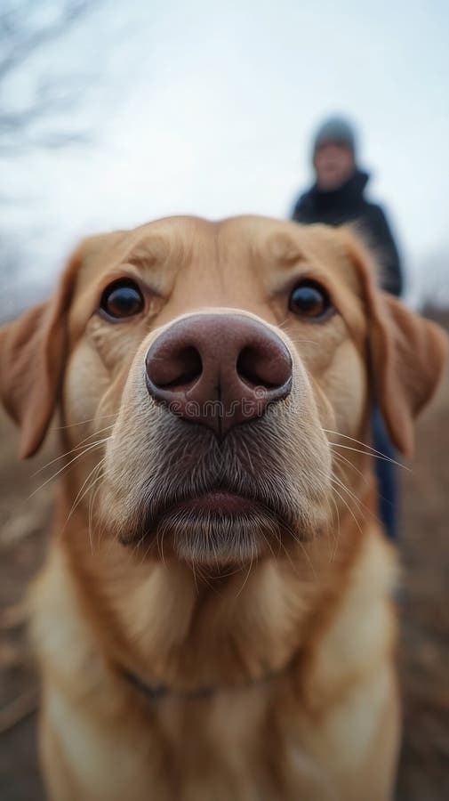 Labrador Retriever Close-up with Human in Background during a Cloudy ...
