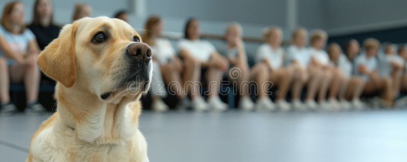 Labrador Retriever CloseUp in Indoor Setting with Group of People in ...