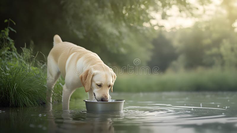 Labrador Retriever Drinking Water from Bowl by Serene Pond, Surrounded ...