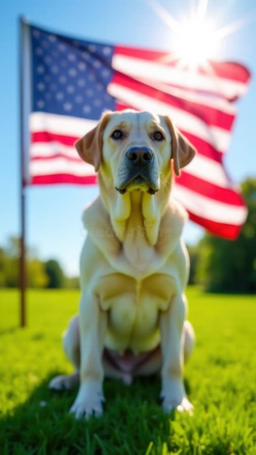 Labrador Retriever in Front of American Flag on Sunny Day Stock Image ...