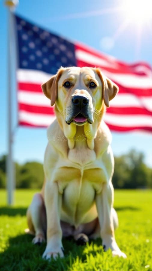 Labrador Retriever in Front of American Flag on Sunny Day Stock Image ...