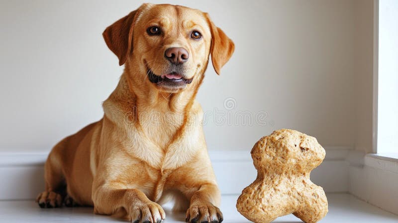 Labrador Retriever is Happily Chewing on Bone Resting on Clean White ...