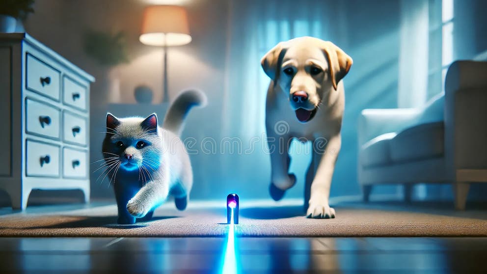 Labrador Retriever and a Siberian Cat Chasing a Laser Pointer Stock ...