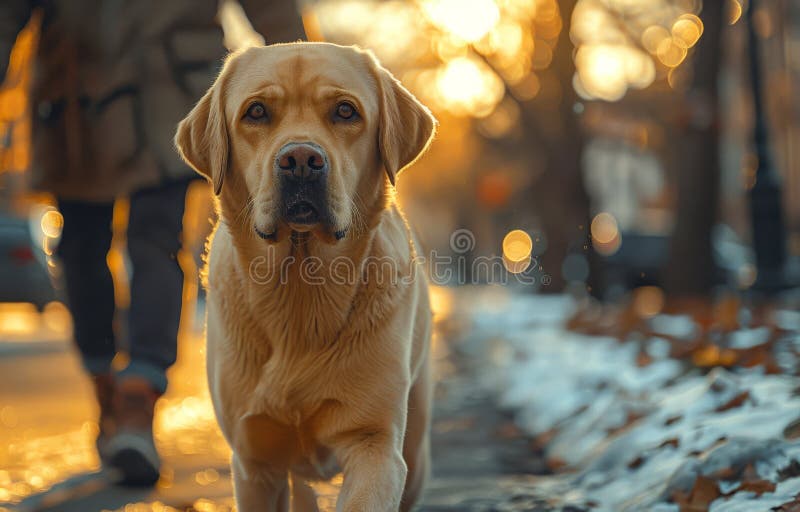Labrador Retriever is Walking in the Park in the Fall with His Owner ...