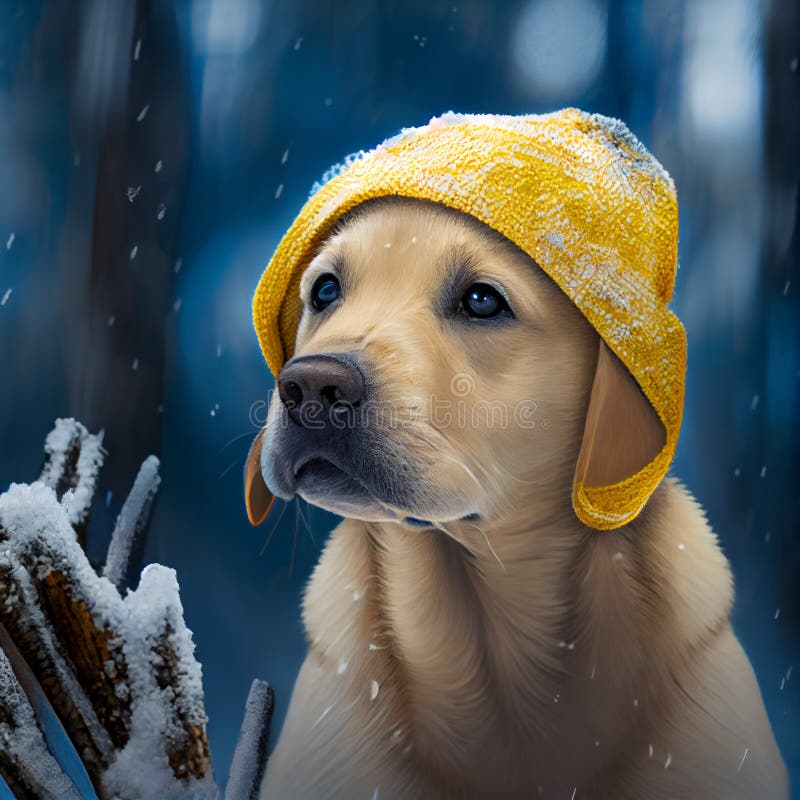 Labrador Retriever Walks in Nature with a Hat on His Head in Winter ...