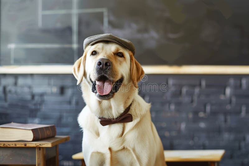 Labrador Sitting in a Classroom with a Cap and a Blackboard Behind ...