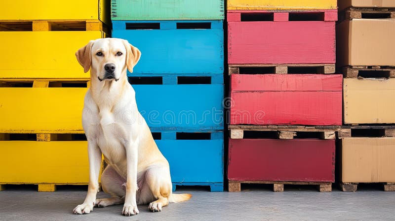 A Labrador Sitting beside a Colorful Stack of Shipping Boxes in a Stock ...
