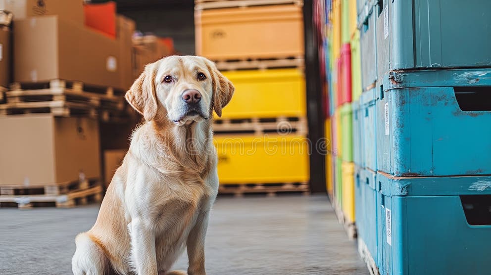 A Labrador Sitting beside a Colorful Stack of Shipping Boxes in a Stock ...