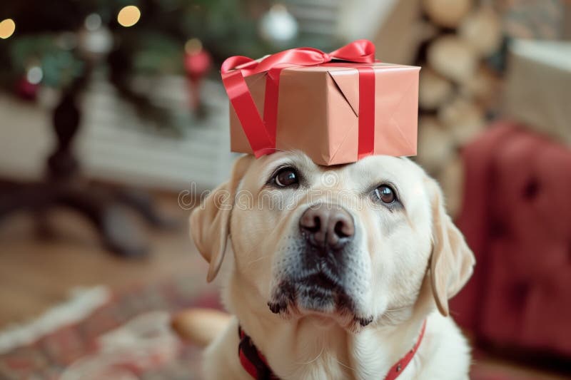 Labrador Sitting with a Gift Box Balanced on Nose Stock Image - Image ...