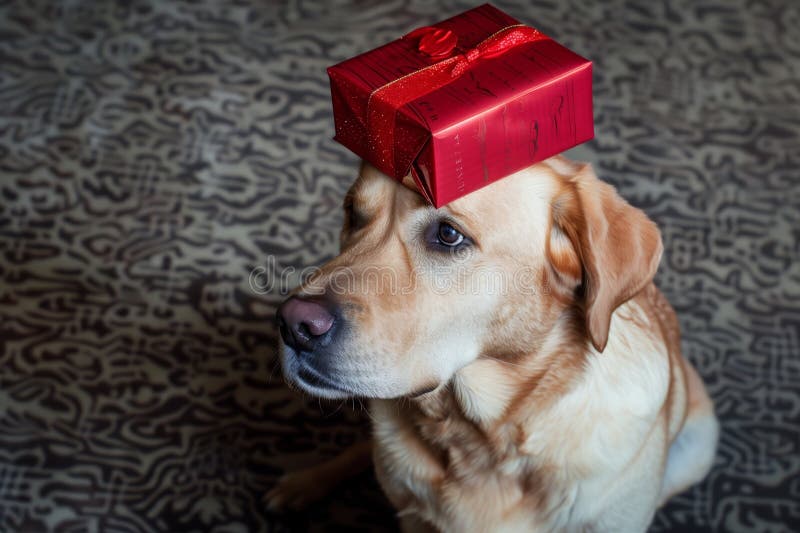 Labrador Sitting with a Gift Box Balanced on Nose Stock Photo - Image ...