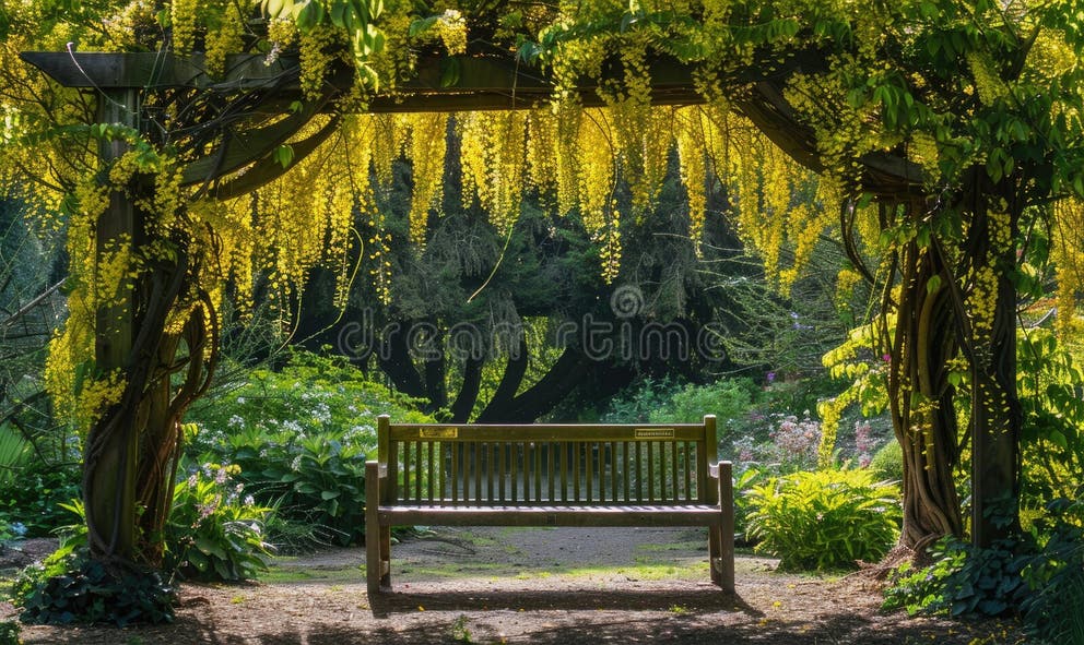 Laburnum Branches Arching Over a Garden Bench Stock Photo - Image of ...