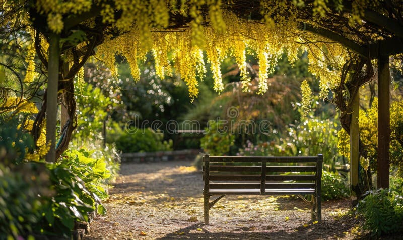 Laburnum Branches Arching Over a Garden Bench Stock Image - Image of ...
