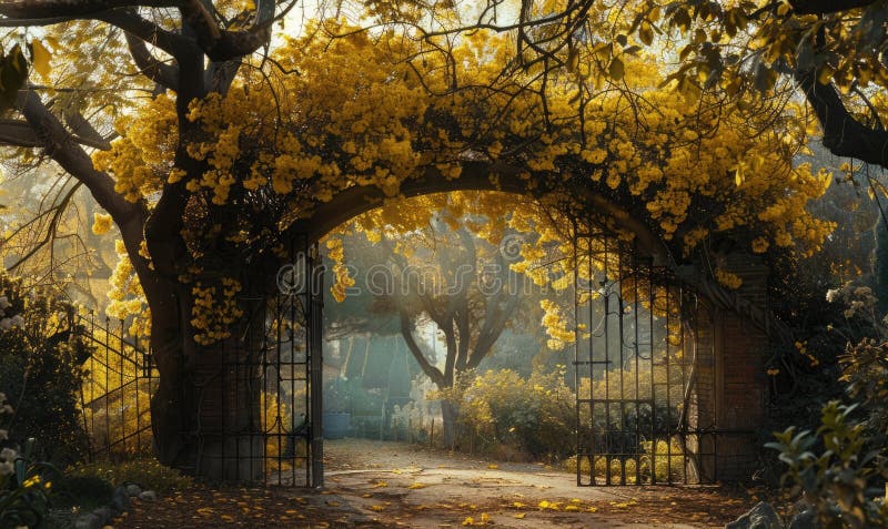 Laburnum Tree Branches Forming an Archway Over a Garden Gate Stock ...