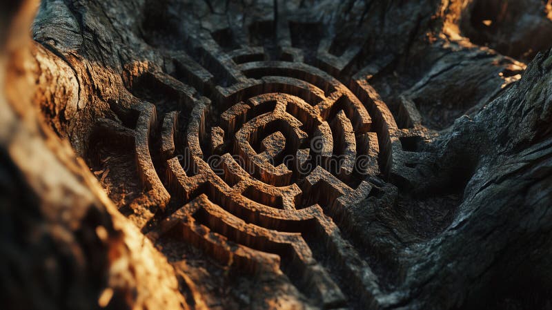 A Labyrinth Artfully Carved into a Tree Trunk, Featuring Intricate ...