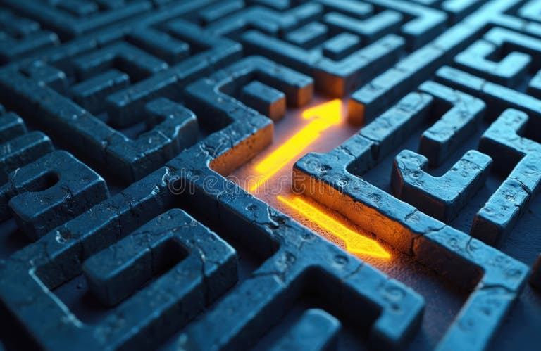 Labyrinth Maze with Glowing Yellow Arrow Path on Blue Background ...