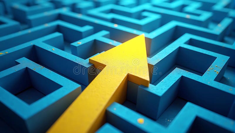 A Labyrinth Maze with a Glowing Yellow Path on a Blue Background, Maze ...