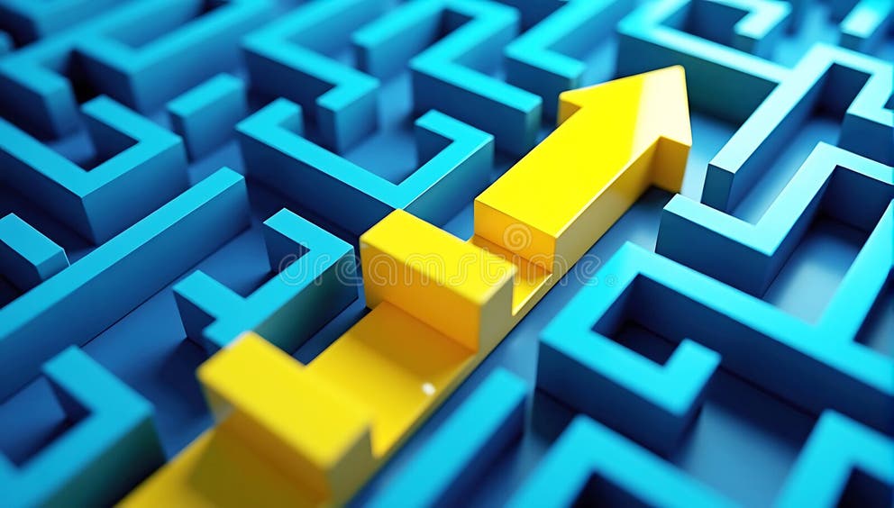 A Labyrinth Maze with a Glowing Yellow Path on a Blue Background, Maze ...