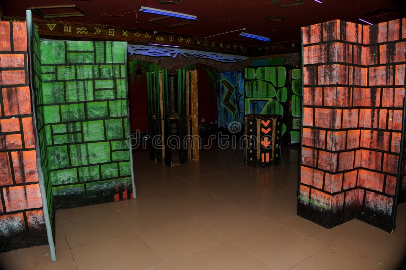 Labyrinth in Neon Light. Laser Tag, Paintball in the Maze Stock Photo ...